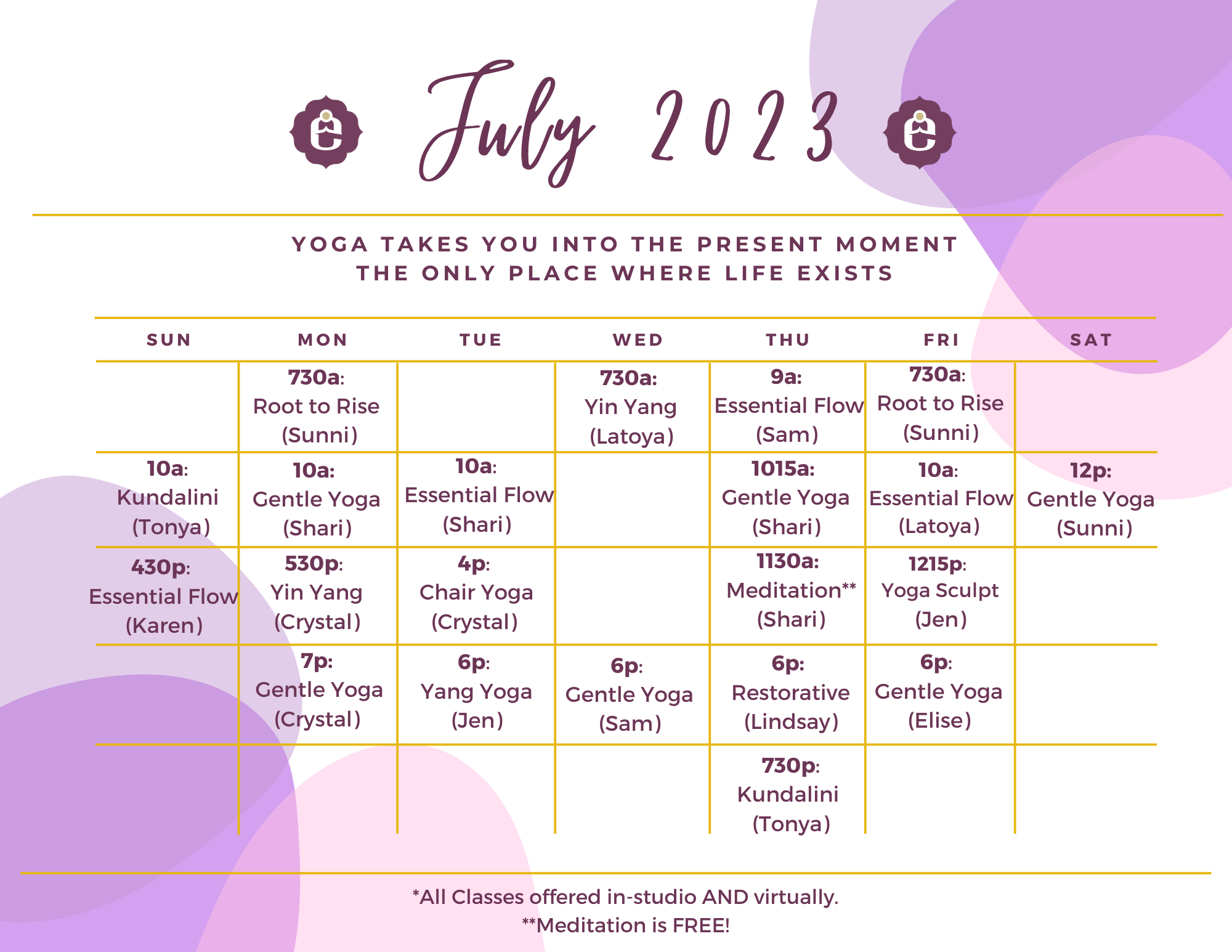 Class Schedule – Essential Yoga Studio