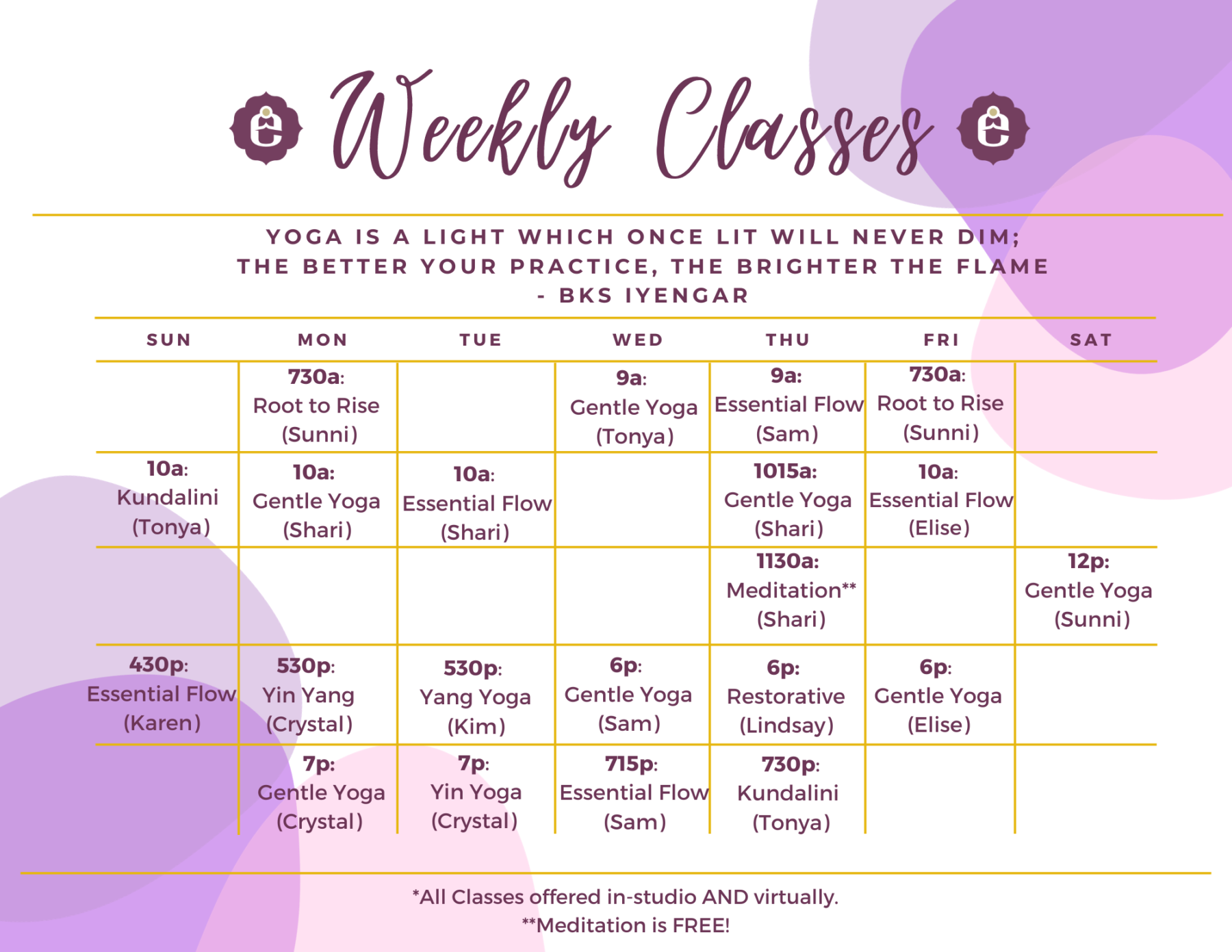 Class Schedule – Essential Yoga Studio