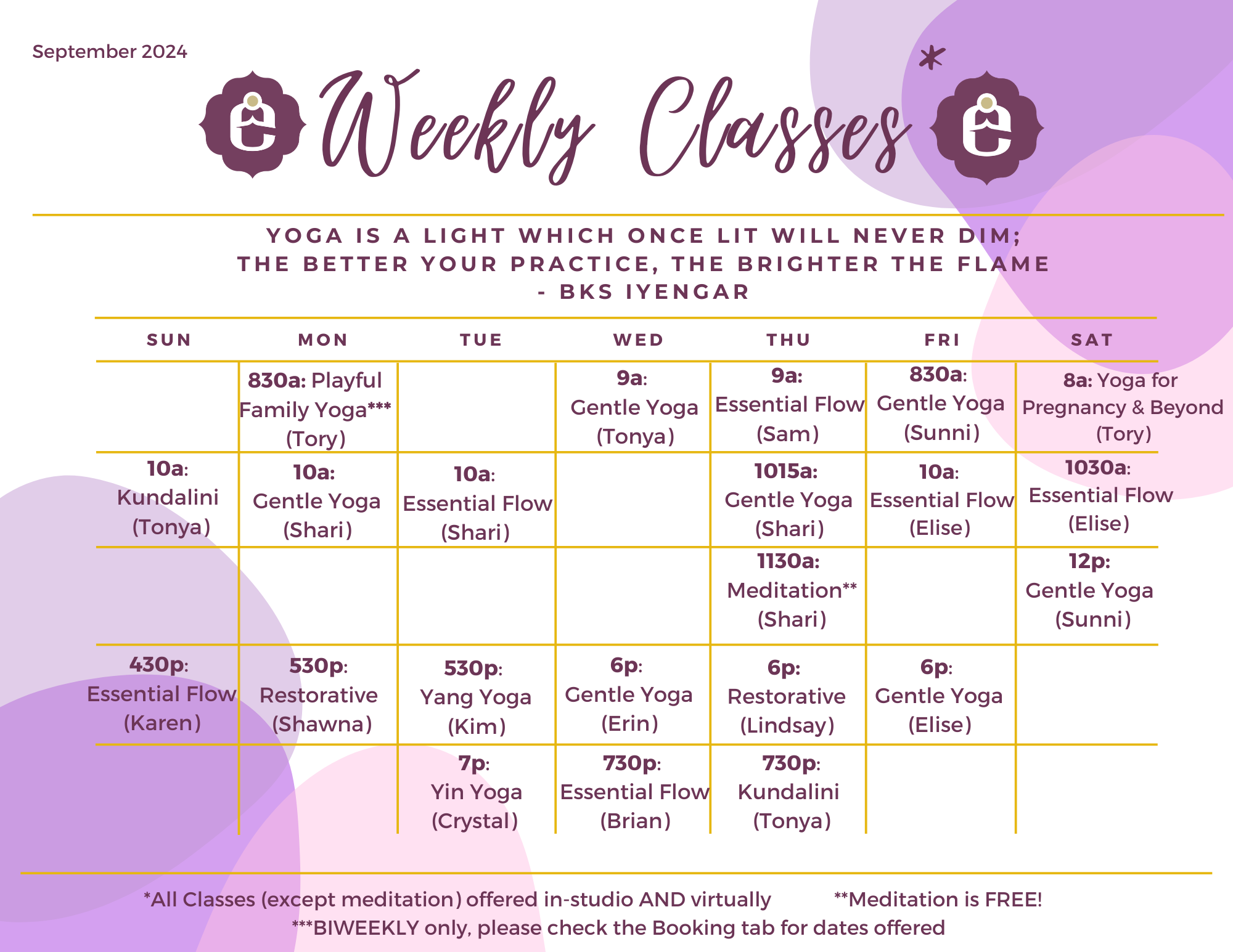 Class Schedule – Essential Yoga Studio